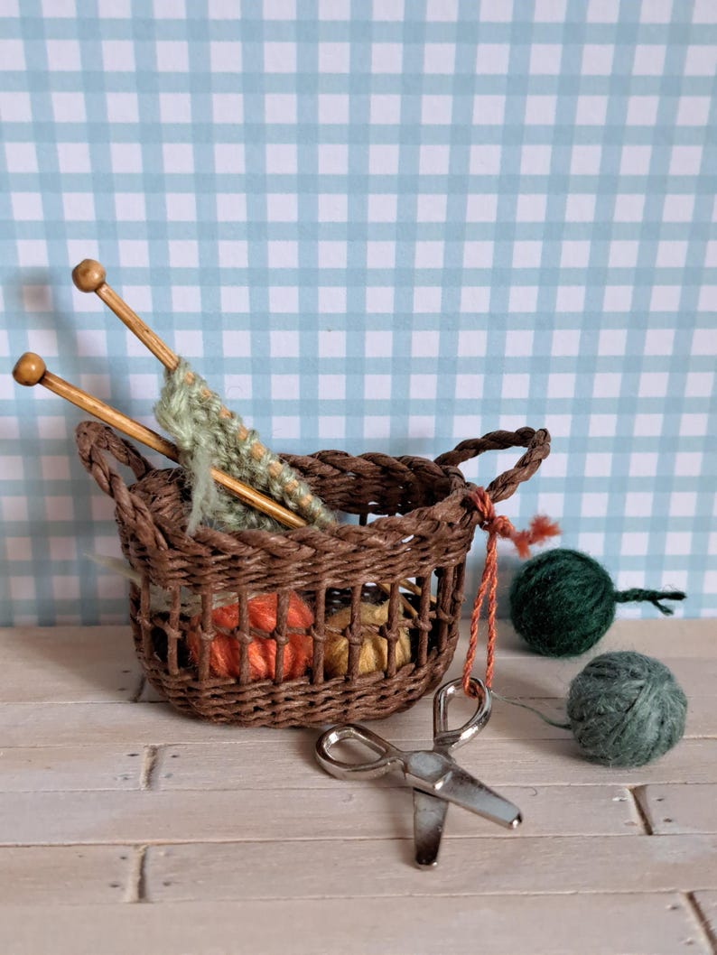 Miniature Wicker Basket With Knitting Needles & Yarn Balls, Mini ...