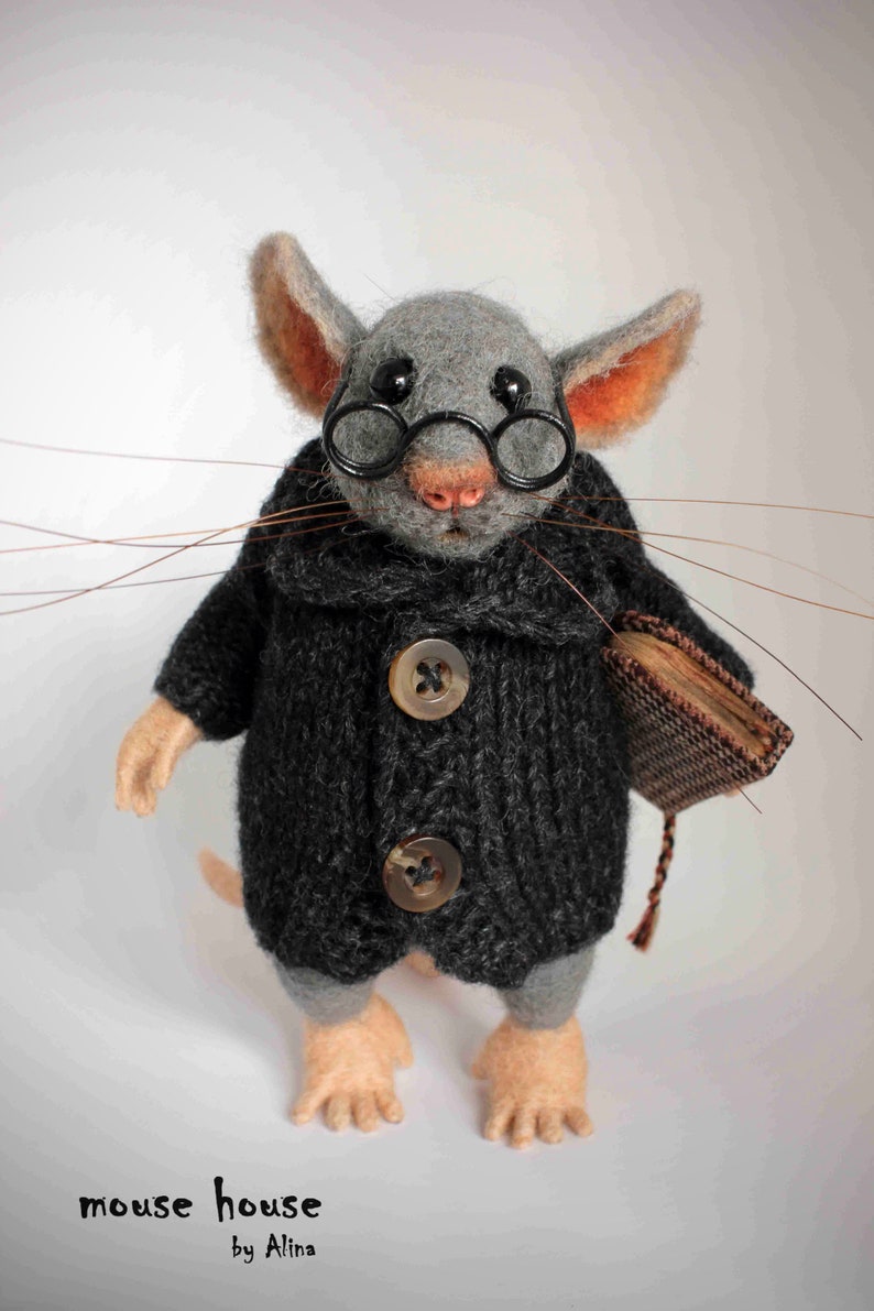 Needle Felted Rat With Book and Glasses Teaching Mouse Wool Collectible ...