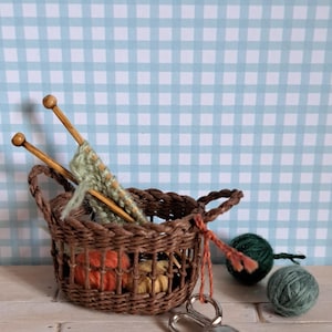 Miniature Wicker Basket With Knitting Needles & Yarn Balls, Mini ...