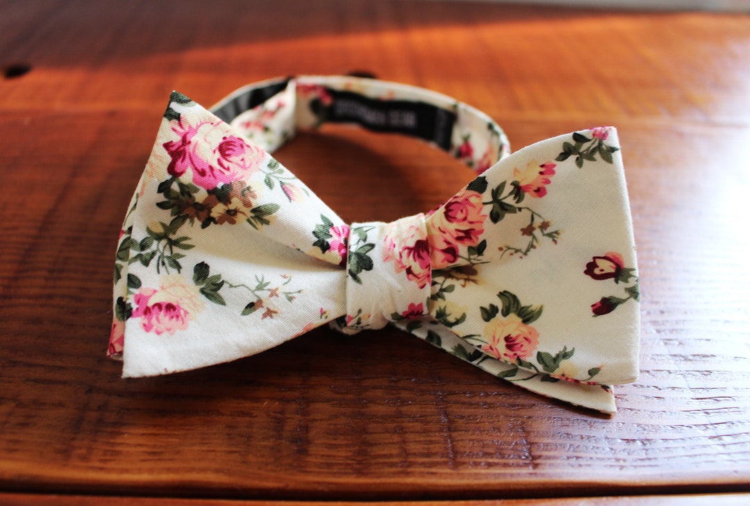 Cream Floral Cotton Bow Tie: Men's Wedding Groomsmen Bowtie - Etsy