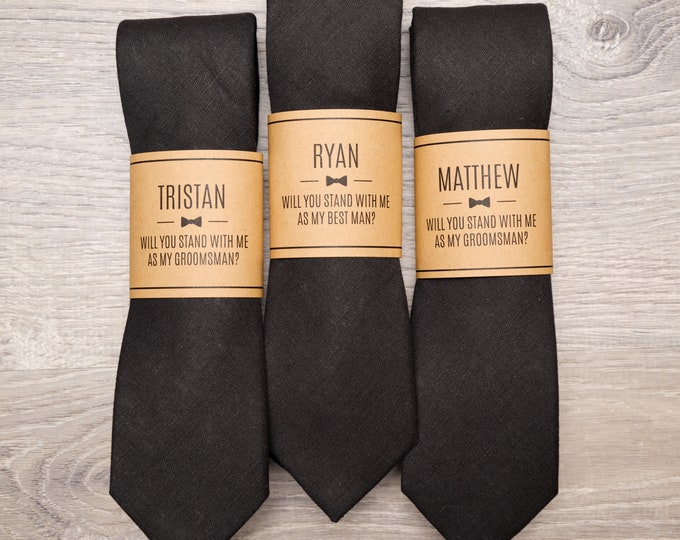 Black Groomsmen Ties With Personalized Label | Black Skinny 2.25 ...