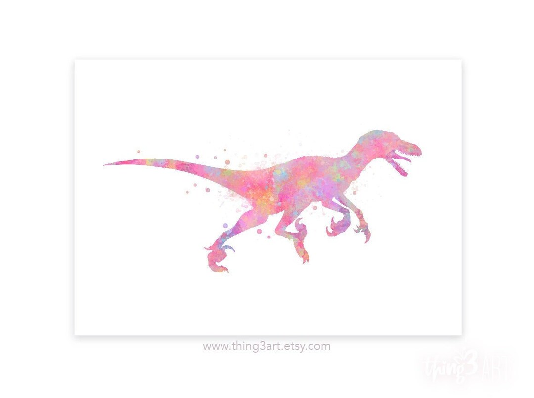 Velociraptor Watercolour Print - Pink Dinosaur Watercolour Art Print ...
