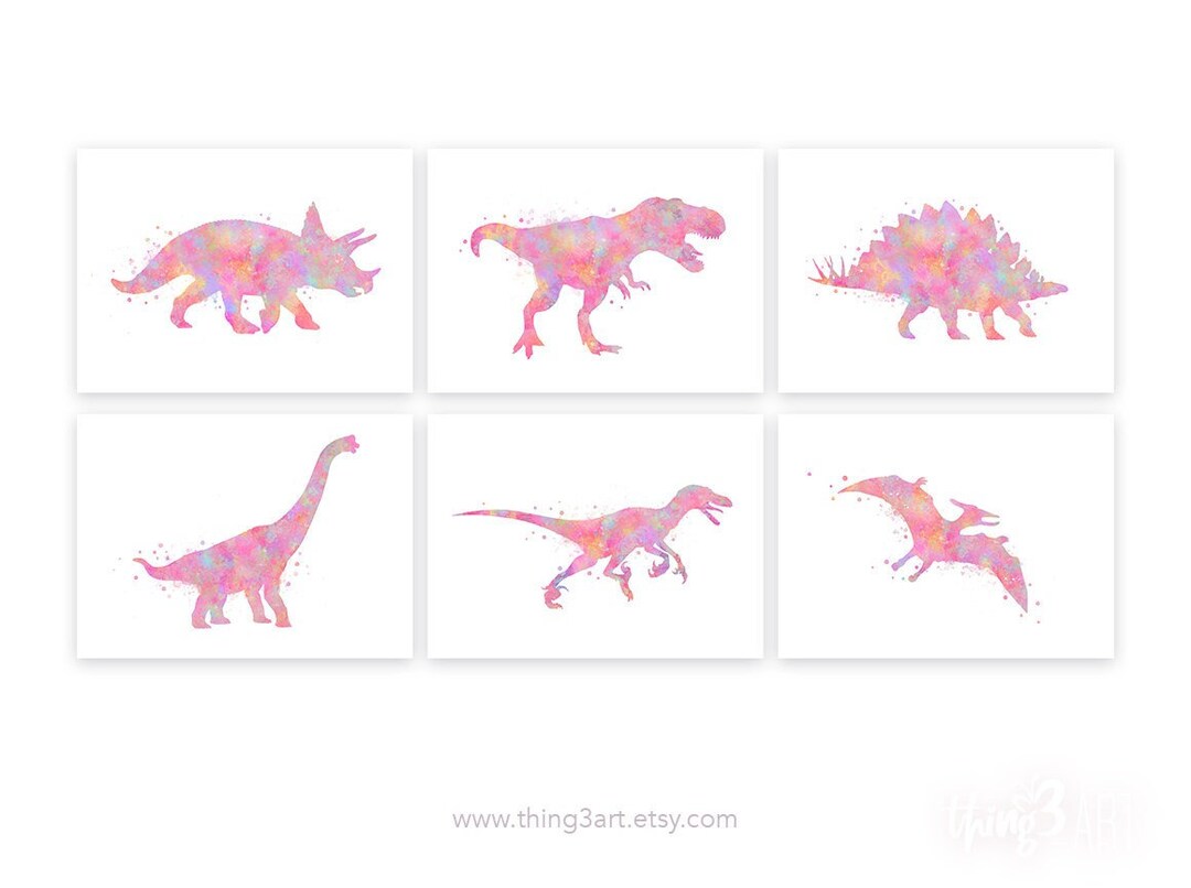 Dinosaur Watercolour Art Print Set of 6 Pink Dinosaur Watercolor Art ...