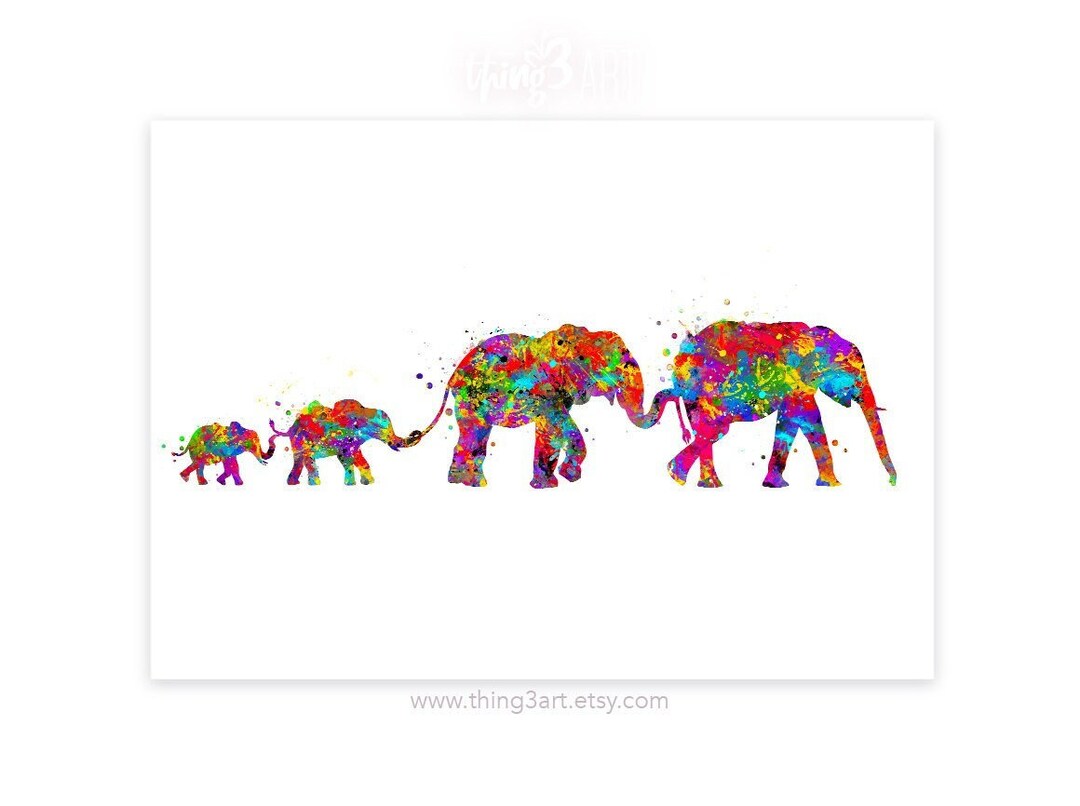 Elephant Family of 4 Watercolour Art Print Elephant Family Watercolour ...