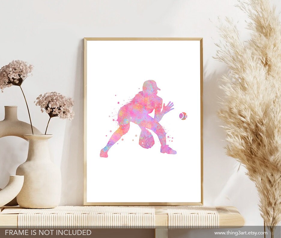 Softball Female Player Watercolour Art Print, Softball Watercolour ...