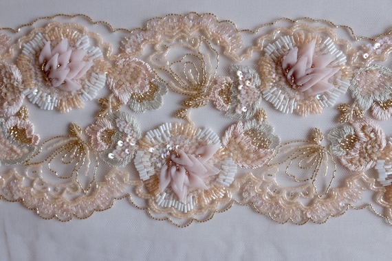 Hand Embroidered Trim With Tulle Appliqué Flowers | Etsy