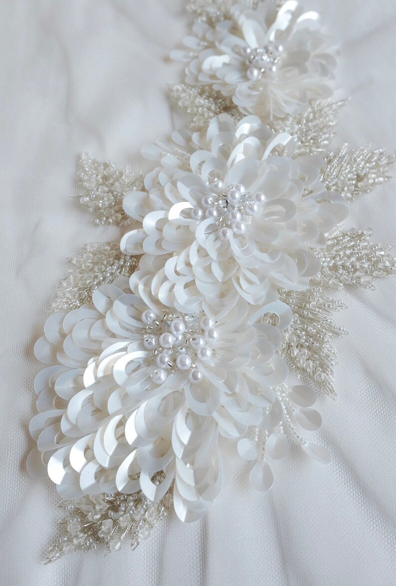 Hand-made wedding applique with flowers of oval sequins in | Etsy