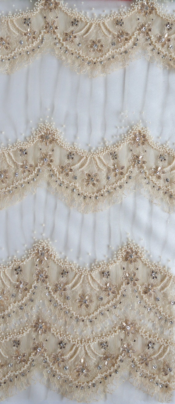Beaded Tulle Hand embroidered tulle with lace appliqué | Etsy