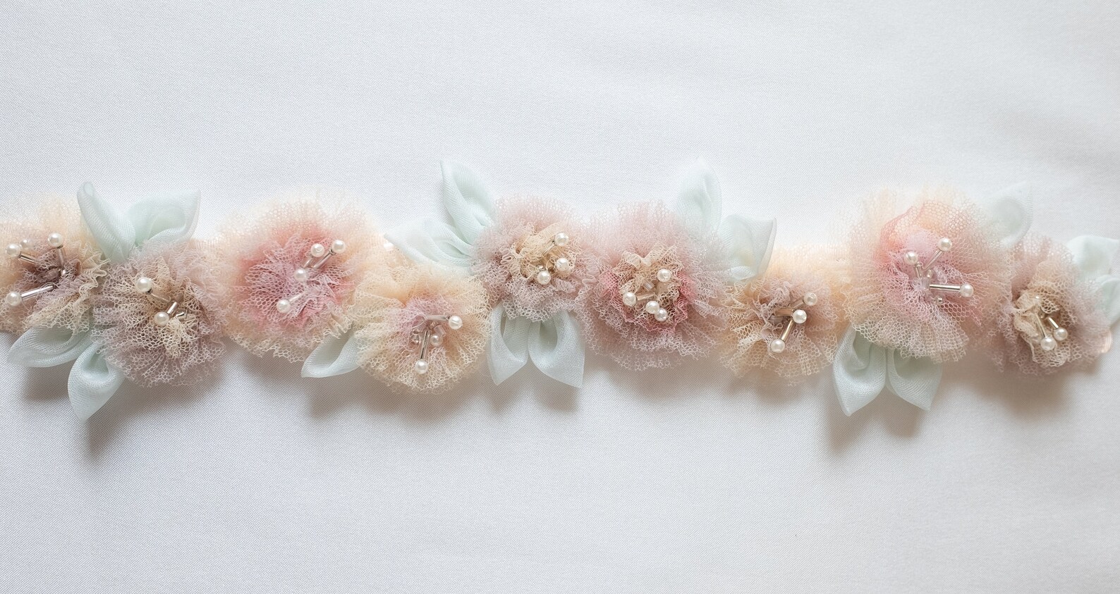 Couture Trim | Handcrafted Trim With Pleated Tule Flowers in Pastel ...