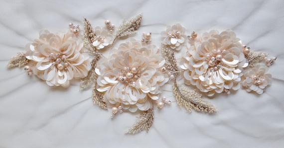 Hand-made applique with flowers of elliptical sequins in a | Etsy