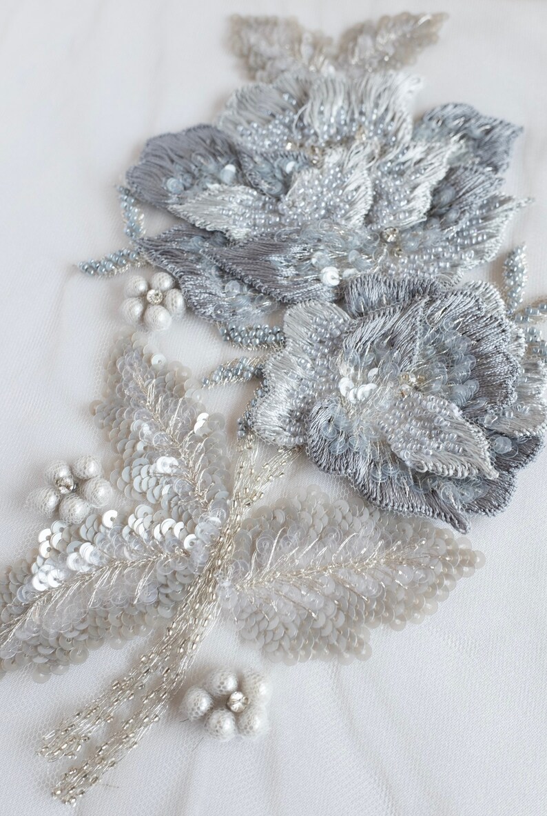 Beaded Motif Hand Embroidered Appliqué in Grey With Silver - Etsy
