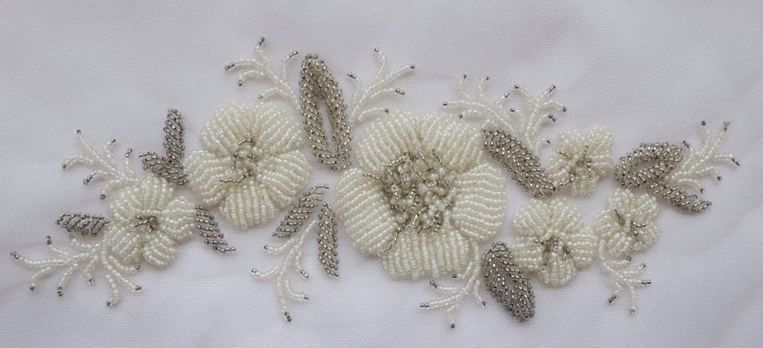 Hand Embroidered Motif with raised ivory and silver beads | Etsy