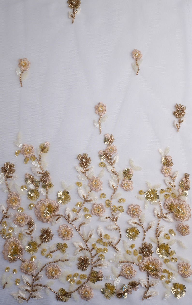 Beaded Tulle An array of flowers in ivory and gold | Etsy