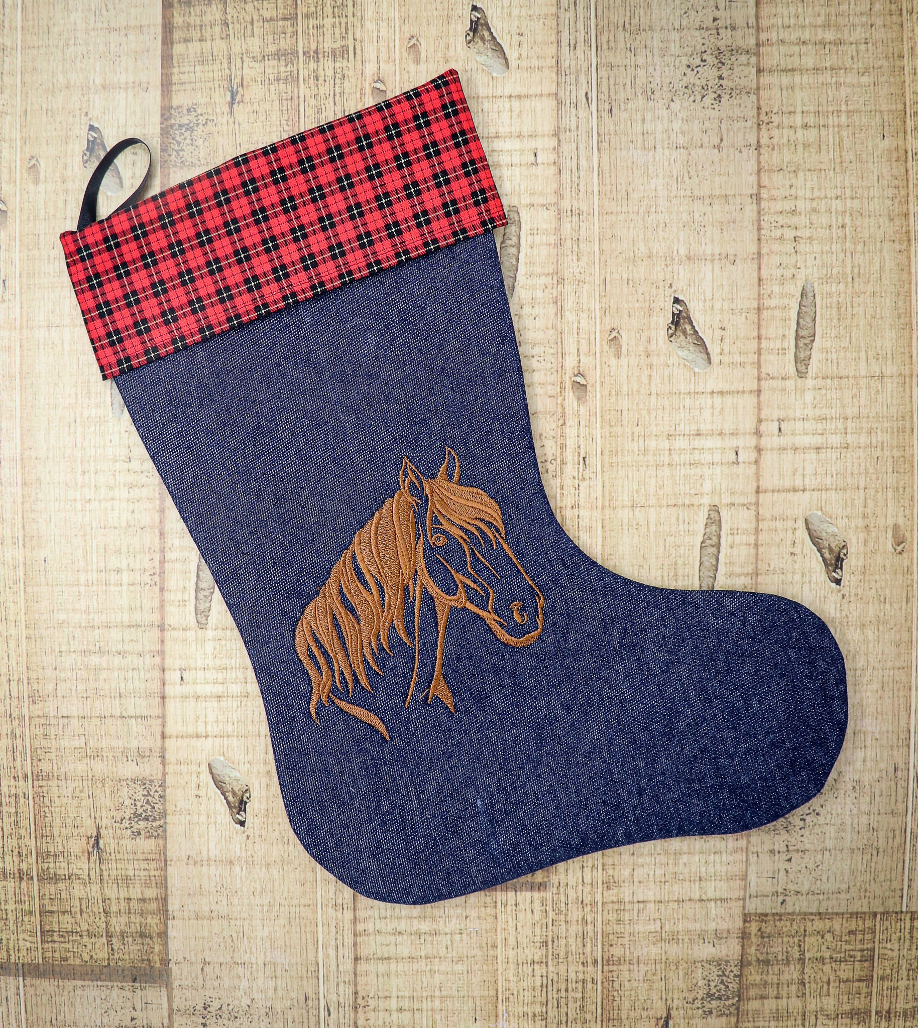 Horse Christmas Stocking - Embroidered on Denim W/ Plaid Cuff - Etsy Canada