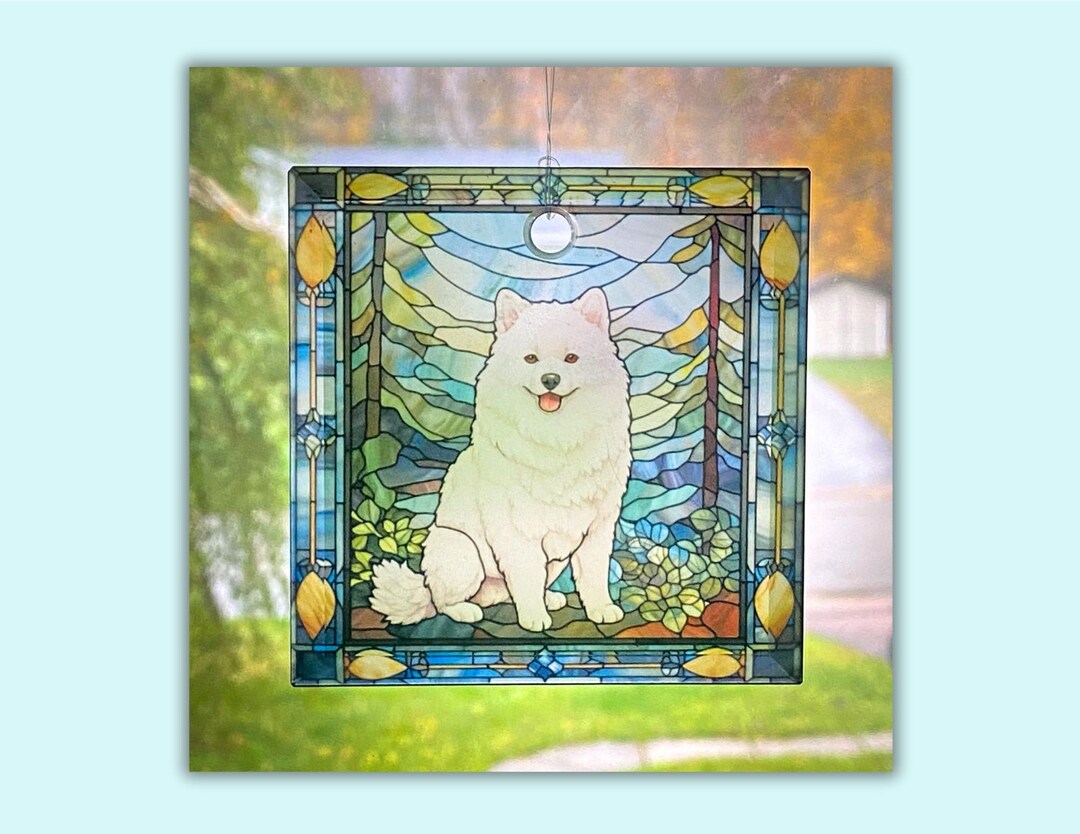 American Eskimo Dog Sun Catcher or Tree Ornament - 3" Glass Square - Etsy