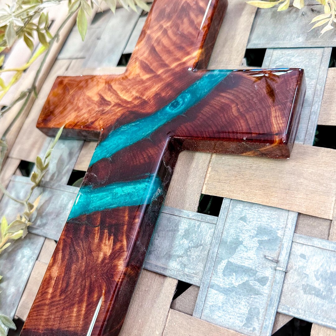 Handcrafted Cedar and Teal Epoxy Accent Cross – Unique Christian Wall ...