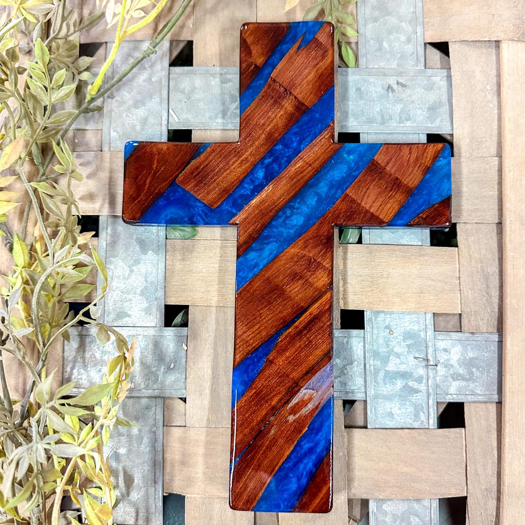 Handcrafted Cedar Wood and Blue Epoxy Cross – 10”x7” Unique Christian ...