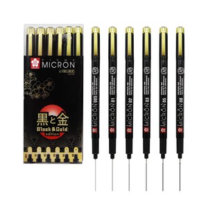 Sakura Pigma Micron Fineliners Pens Black and Gold Edition Black Ink 6 Set Technical Drawing ...