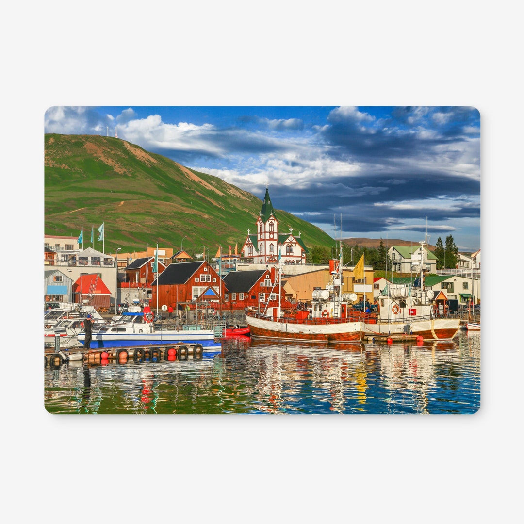 Wooden Cork Placemats Featuring the Waterfront in Husavik, Iceland ...