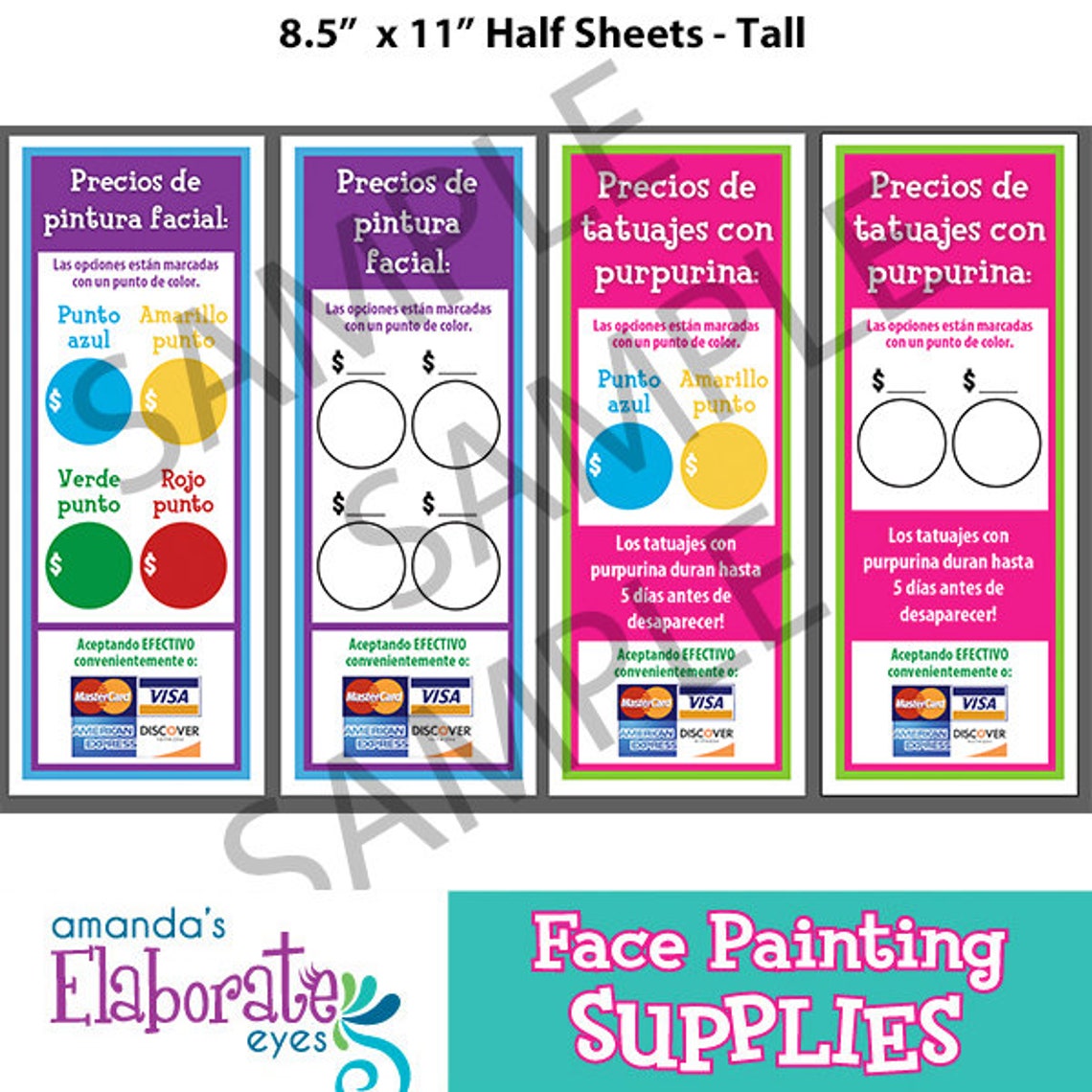 SPANISH PRICE SIGNS - Face Painting & Glitter Tattoo Price Signs - Etsy