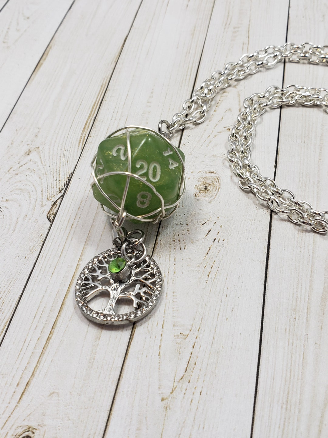 Green D20 Dice Necklace With Tree Charm - Etsy