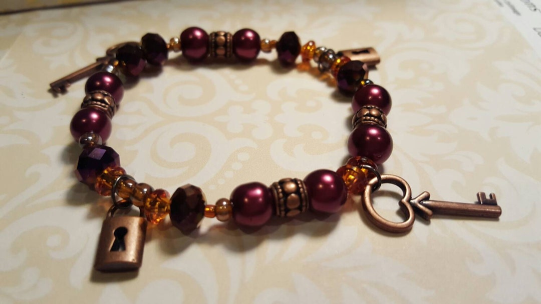 Bronze Toned Purple and Brown Lock and Key Charm Bracelet - Etsy