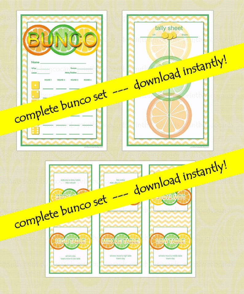 Printable Summertime Citrus Bunco Cards Bunko Scorecards Score Sheets ...