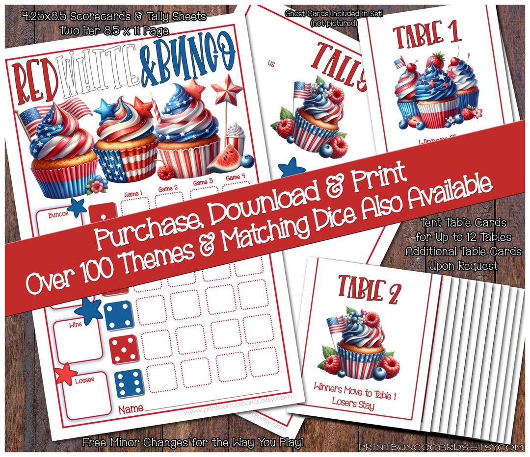 Patriotic Bunco Scorecards: Cupcake 4th of July Theme (digital Download ...