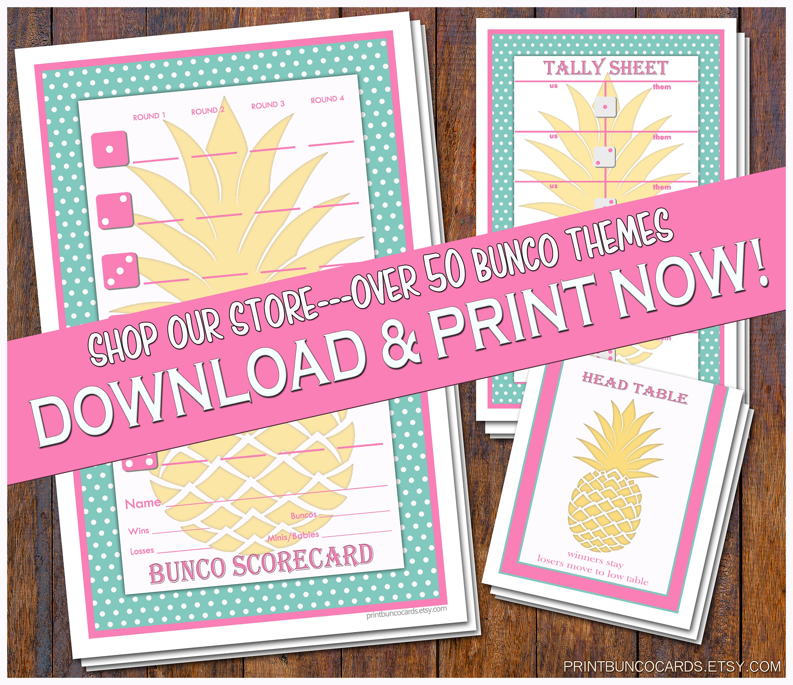 Printable Bunco Tropical Pineapple Cards Bunko Scorecards Score Sheets ...