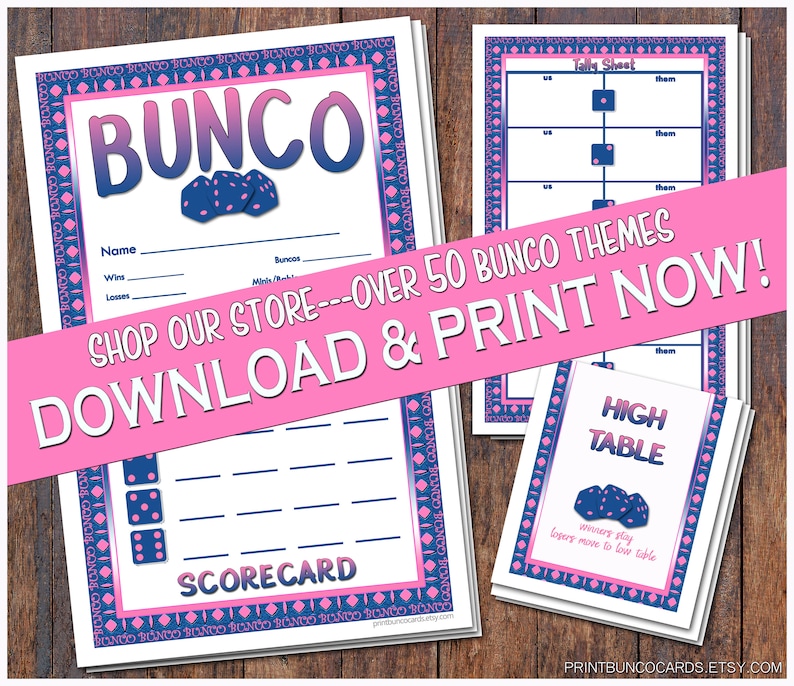 Printable Blue & Pink Diamond Bunco Cards Bunko Scorecards Score Sheets ...