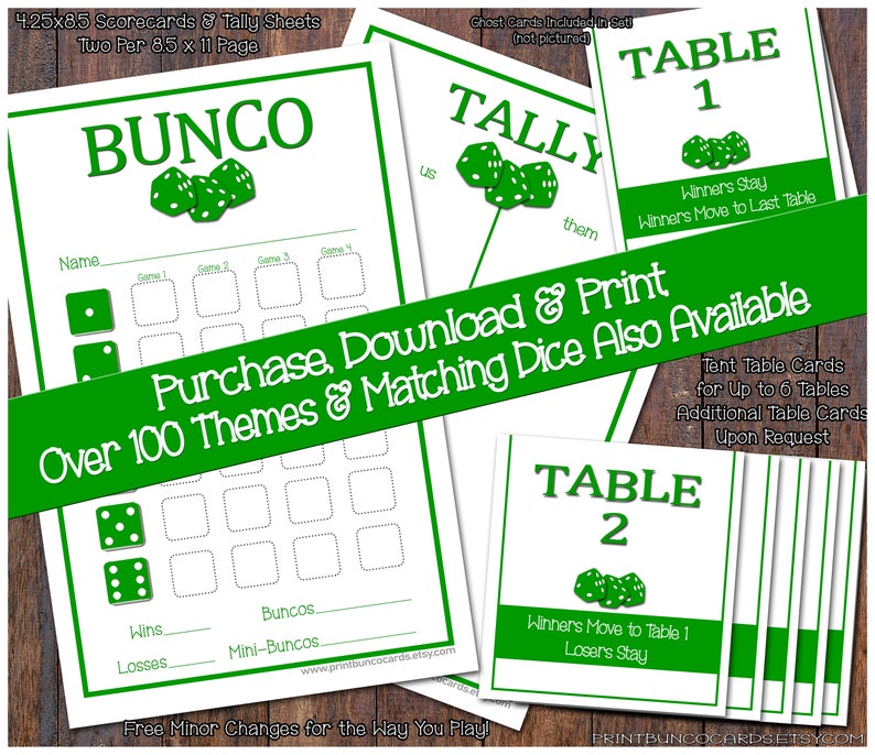 Value Priced Green Printable Bunco Set-complete Bunco Set-bunco Card ...