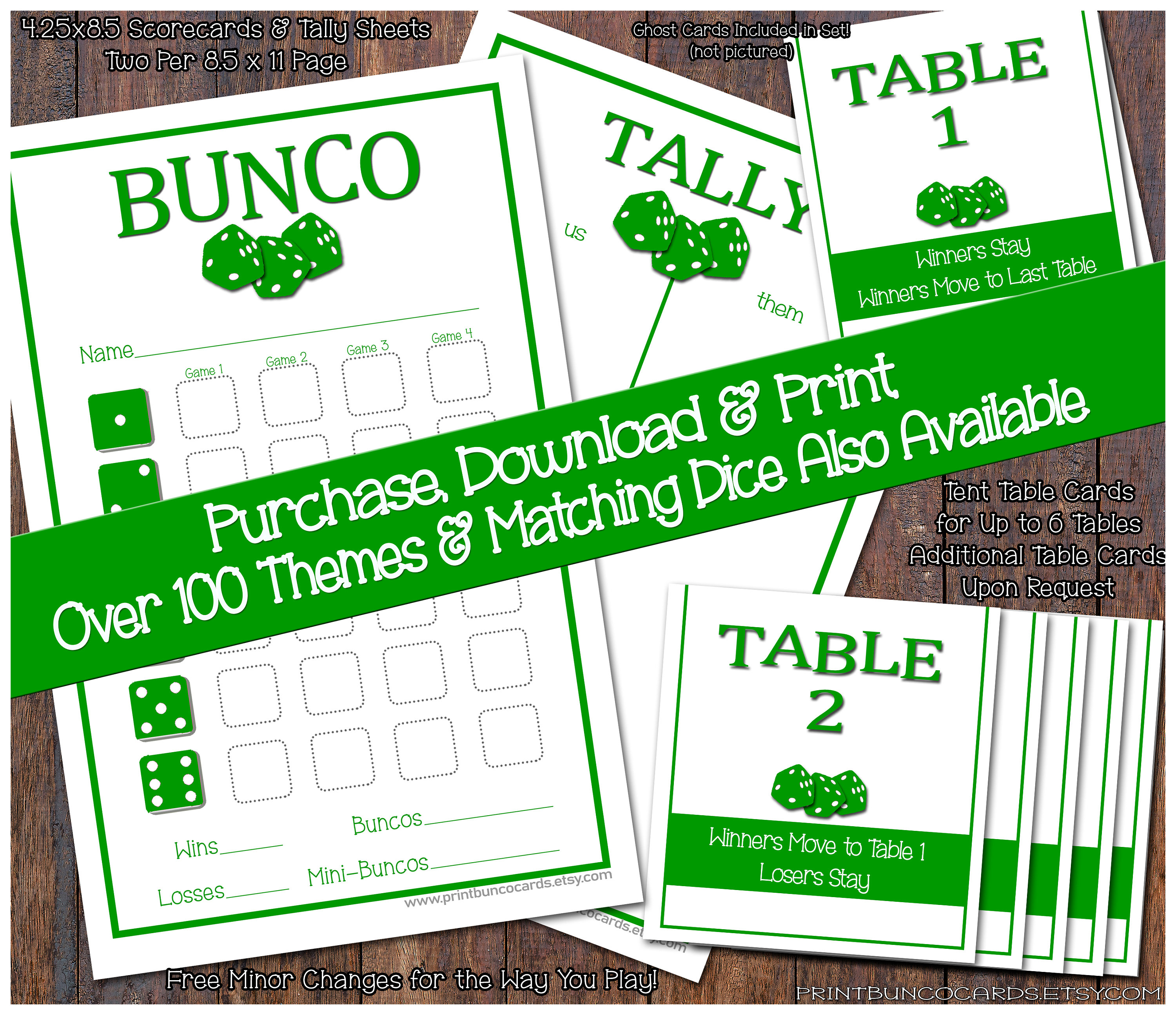 Value Priced Green Printable Bunco Set-complete Bunco Set-bunco Card ...