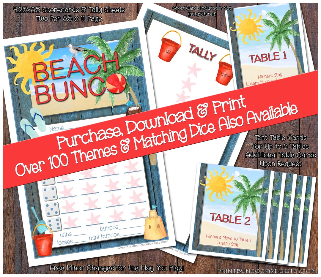 Beach Bunco Printable Scorecards: Summer Dice Game Set (digital ...