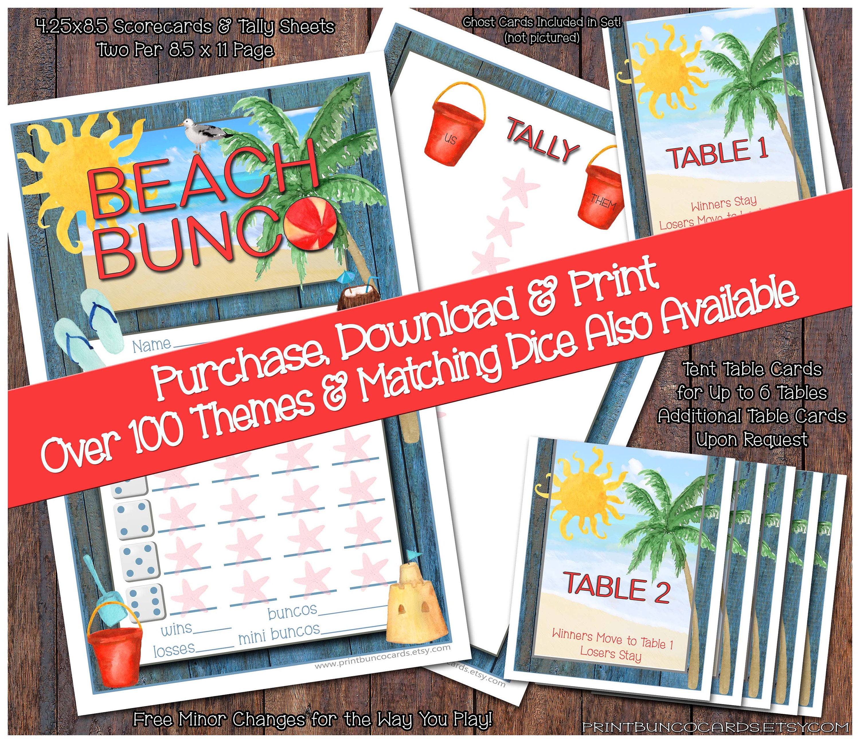 Beach Bunco Printable Scorecards Tally Sheets Bunko Set Summer Theme ...