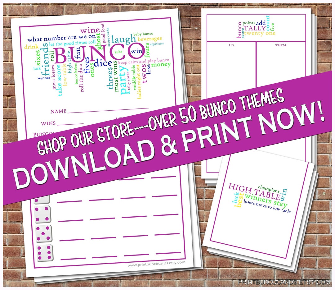 Printable Word Art Bunco Cards Bunko Scorecards Score Sheets Instant ...