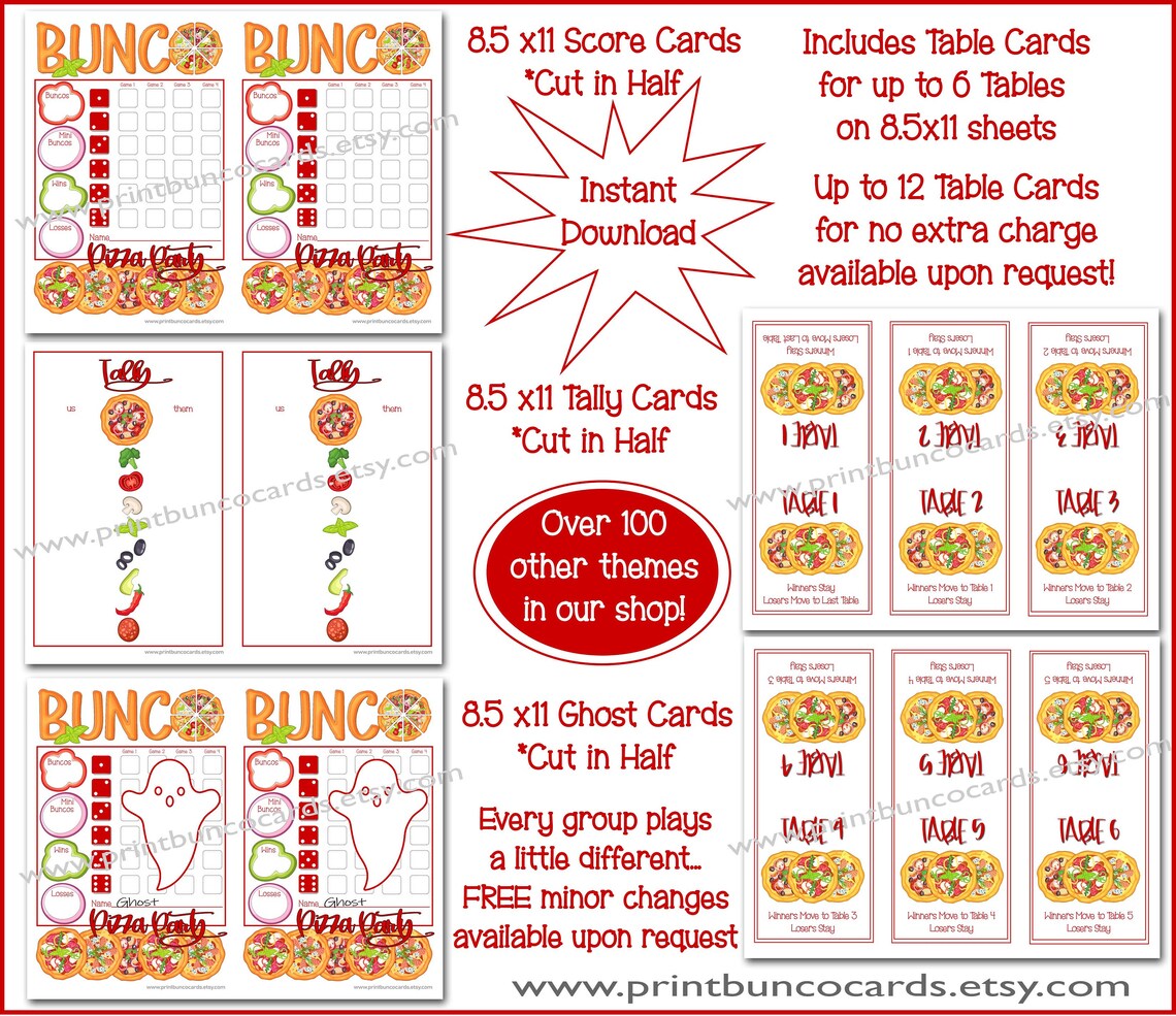 Pizza Party Printable Bunco Set-complete Bunco Set-bunco Card, Bunco ...