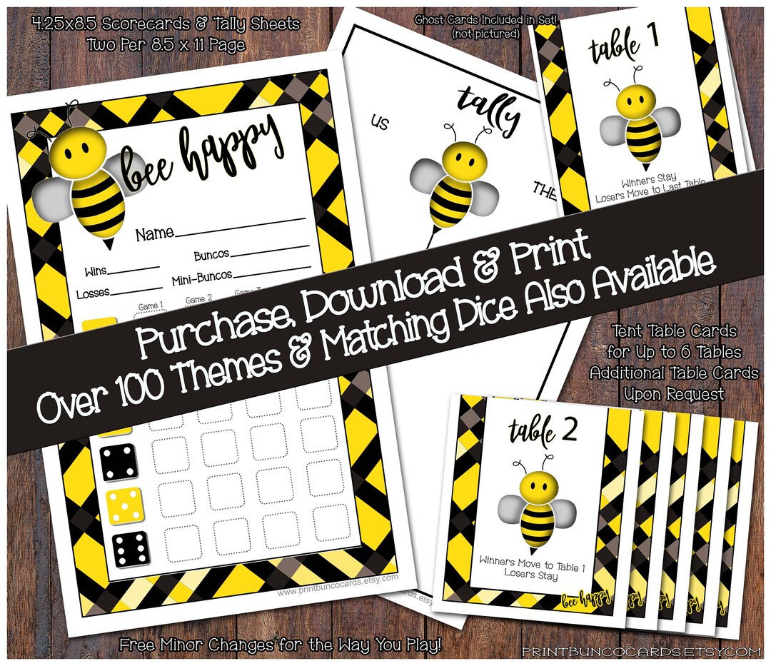 Bee Happy Themed Bunco Scorecards Bunko Tally Sheets Dice Party - Etsy