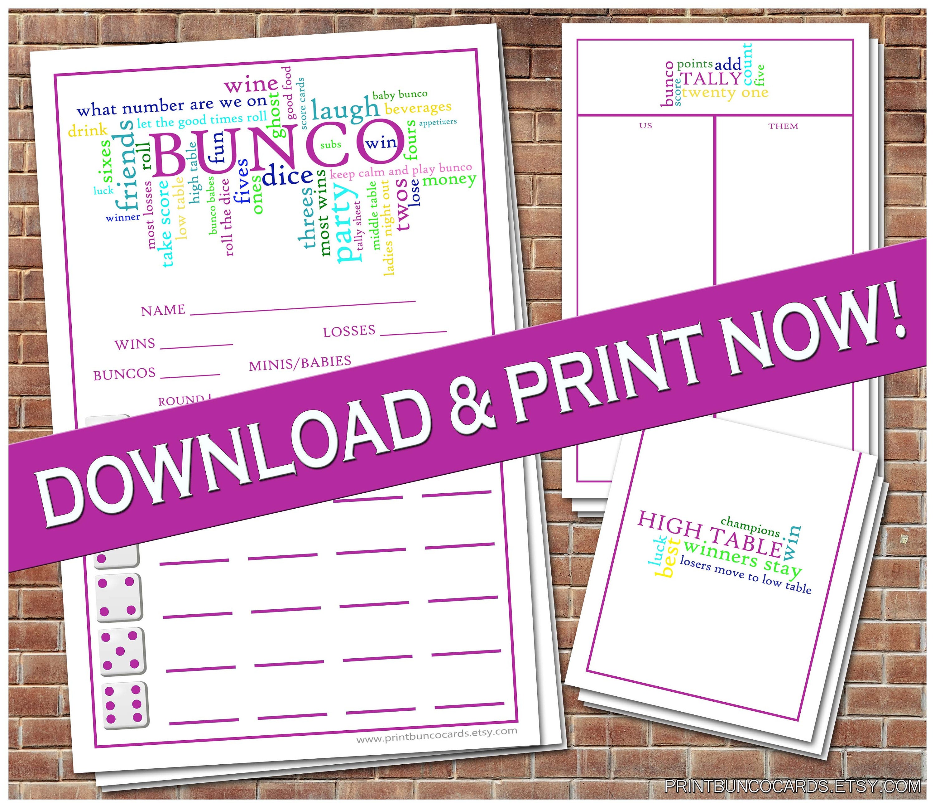 Printable Word Art Bunco Cards Bunko Scorecards Score Sheets Instant ...