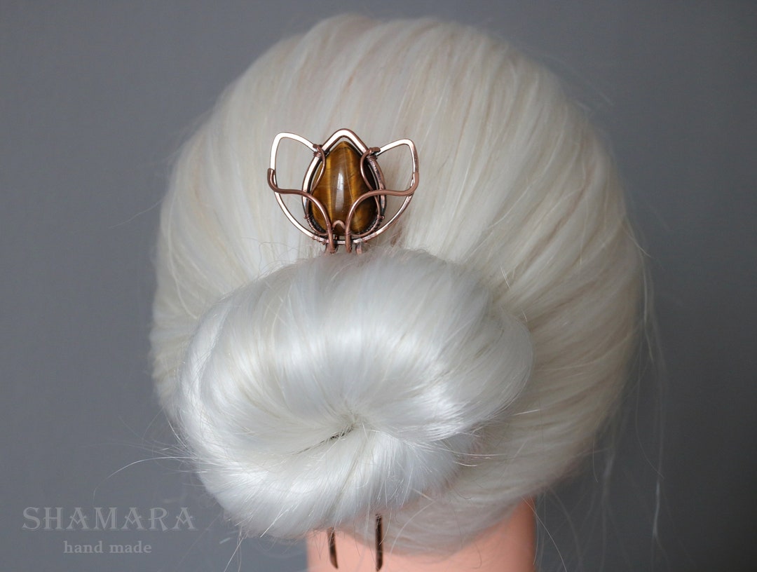Wirewrapped Copper Hairpin for Long Hair. Haircomb With Tiger Eye. Hair ...