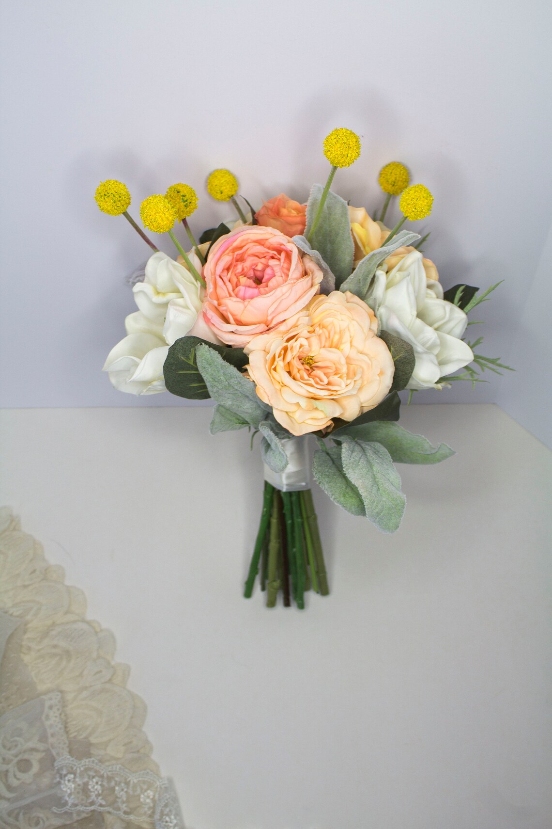 Billy Button Bridal Bouquet Peach White and Yellow Bouquet | Etsy