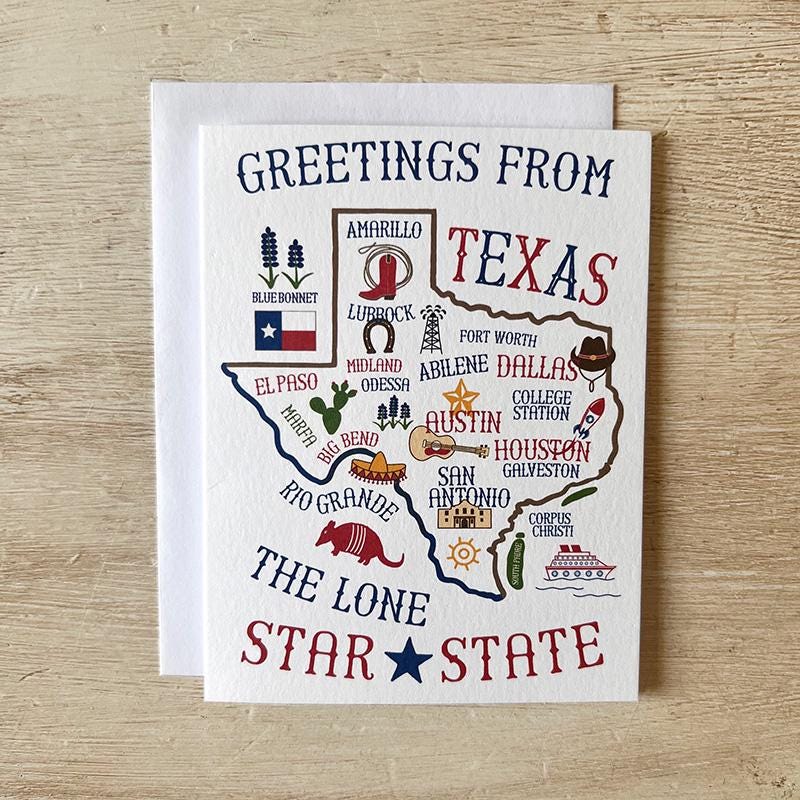 Texas Landmarks Illustrated Greeting Card - Etsy