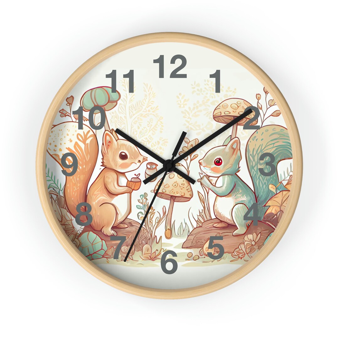 Squirrel Forest Wall Clock for Kids Room Decor - Wooden Frame - Silent ...