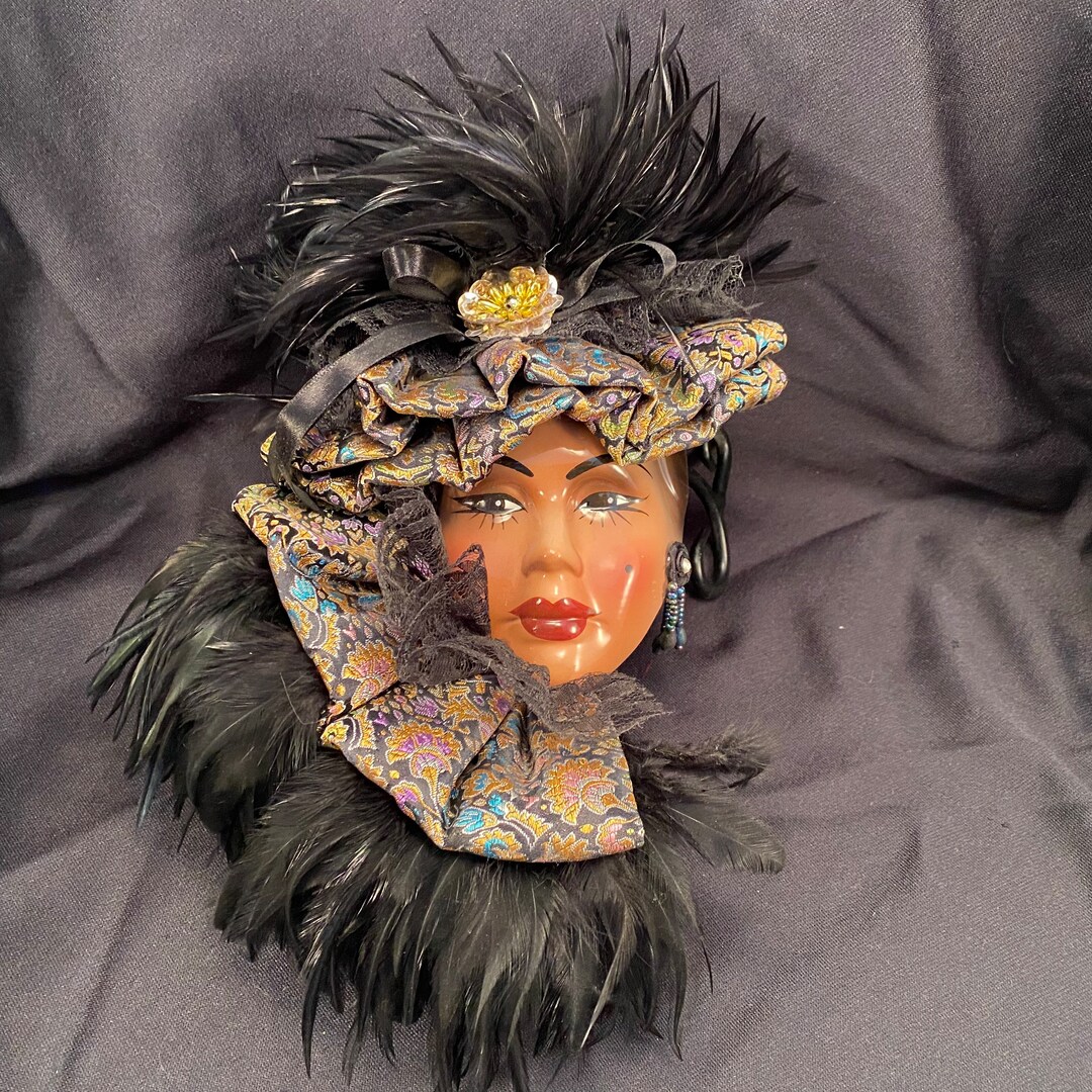 Ceramic Wall Face Mask Woman With Ostridge Feather Hat and Collar Wall ...