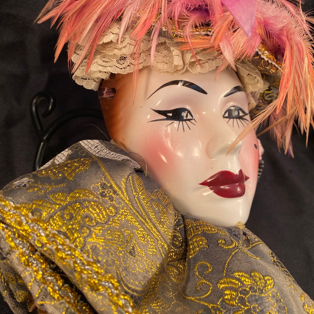 Mask, Ceramic Wall Mask Woman With Ostridge Feather Hat and Collar, AS ...