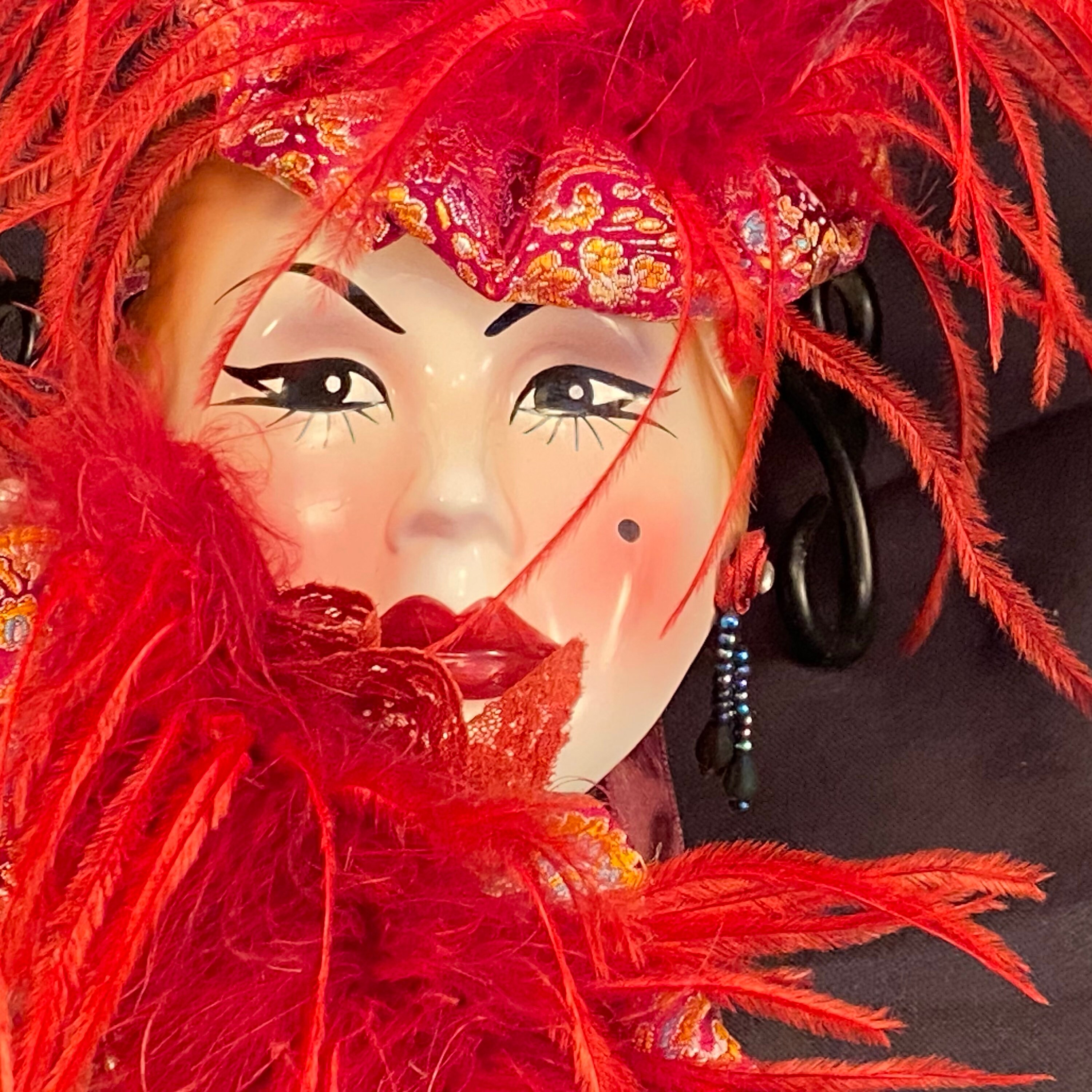 Mask, Ceramic Wall Face Mask Woman With Ostridge Feather Hat and Collar ...