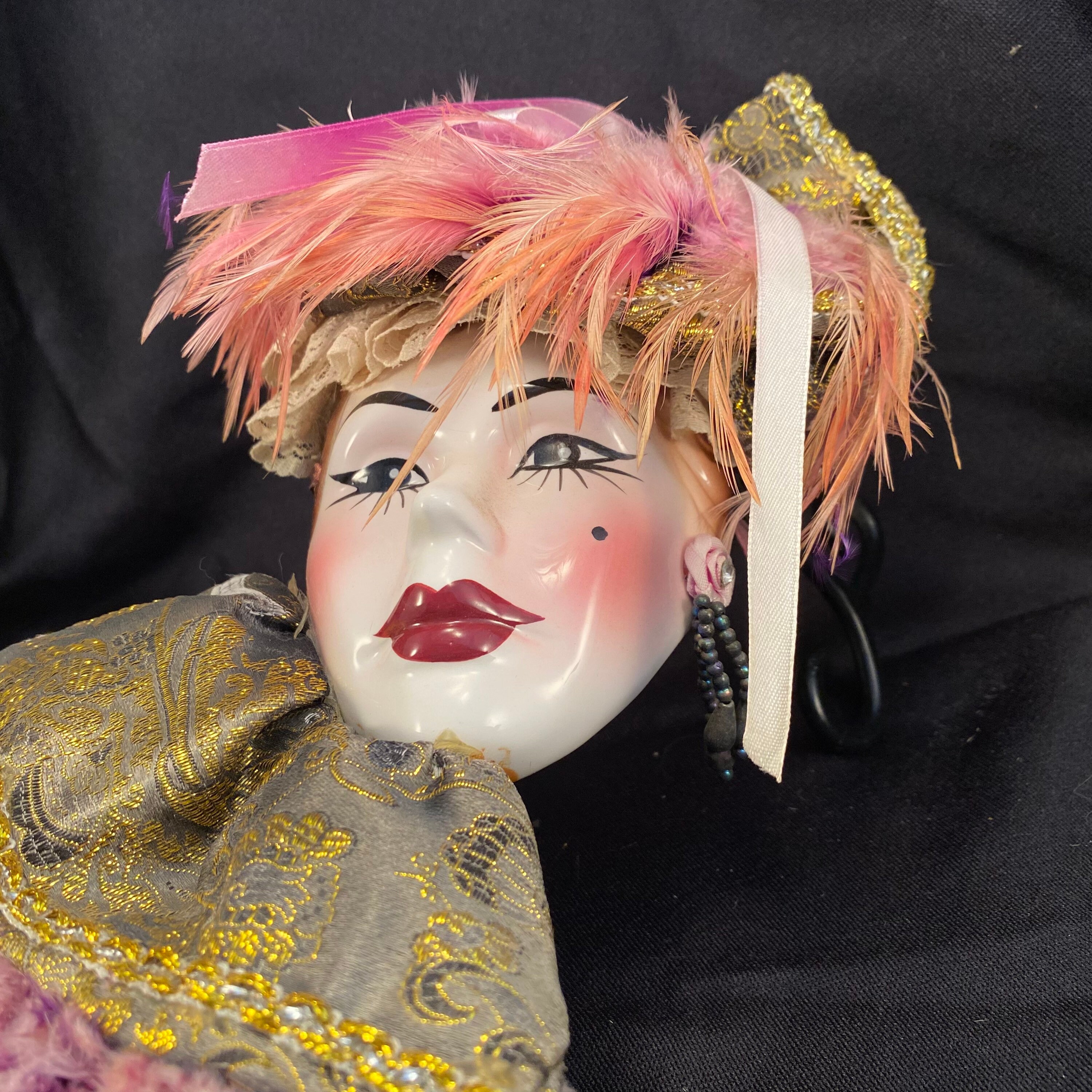 Mask, Ceramic Wall Mask Woman With Ostridge Feather Hat and Collar, AS ...
