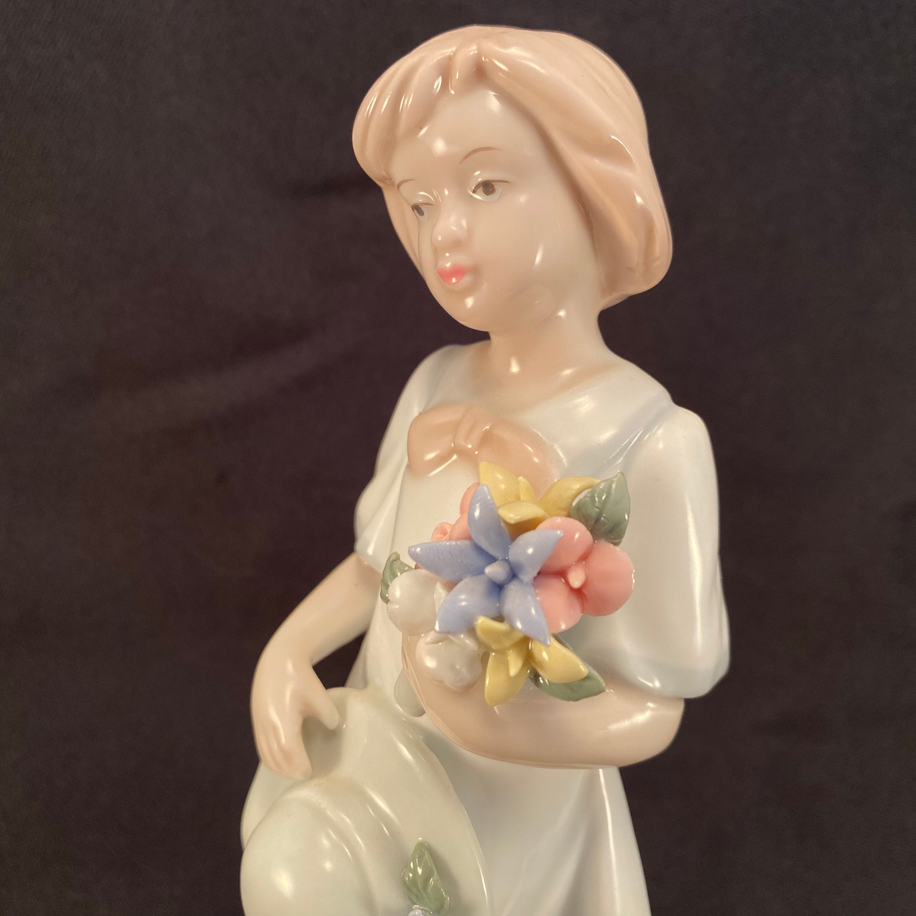 Porcelain Girl With Flowers Holding Her Hat Figurine, Vintage Girl ...