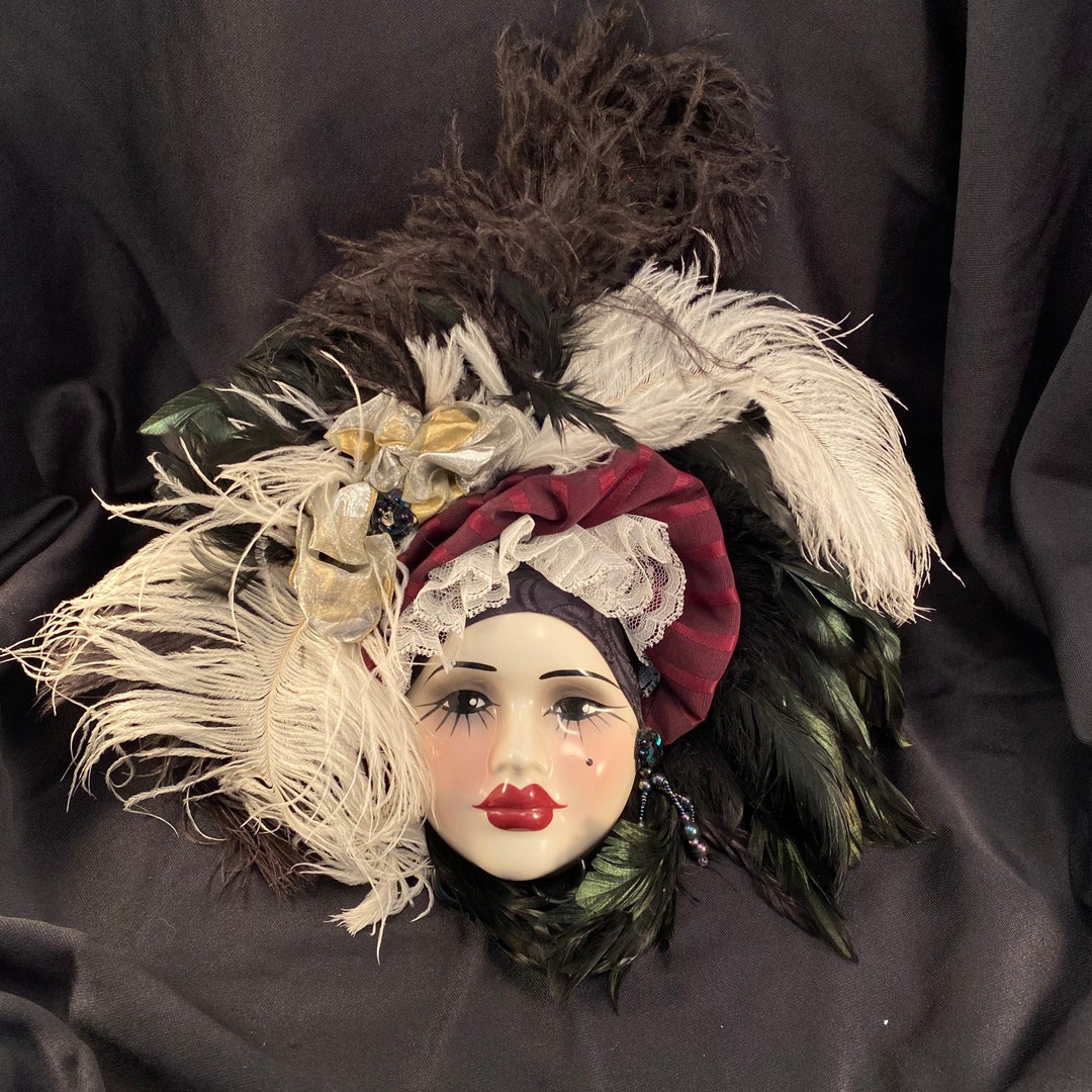 Ceramic Face Mask Woman With Ostridge Feathers Wall Art 1980's Vintage ...