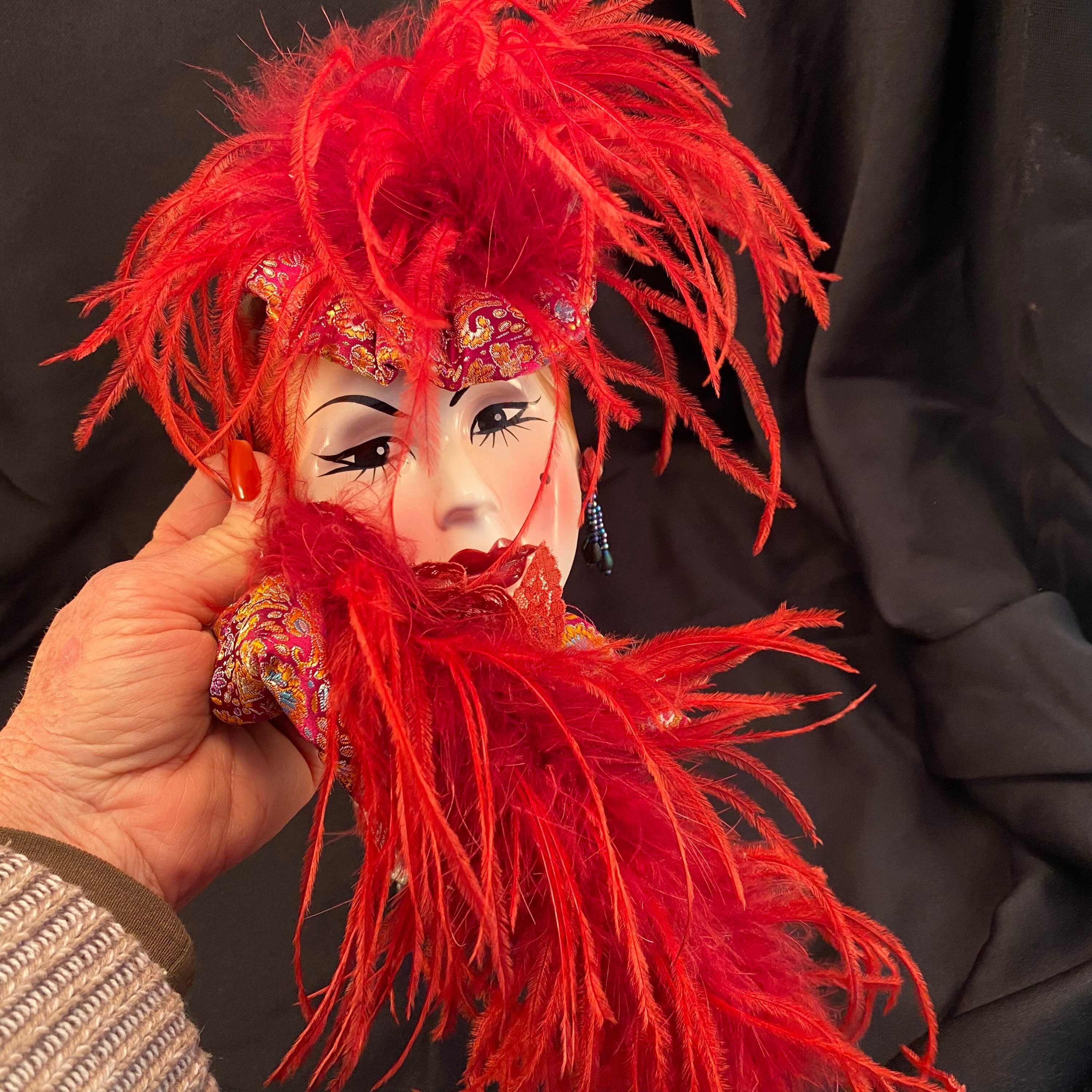 Mask, Ceramic Wall Face Mask Woman With Ostridge Feather Hat and Collar ...