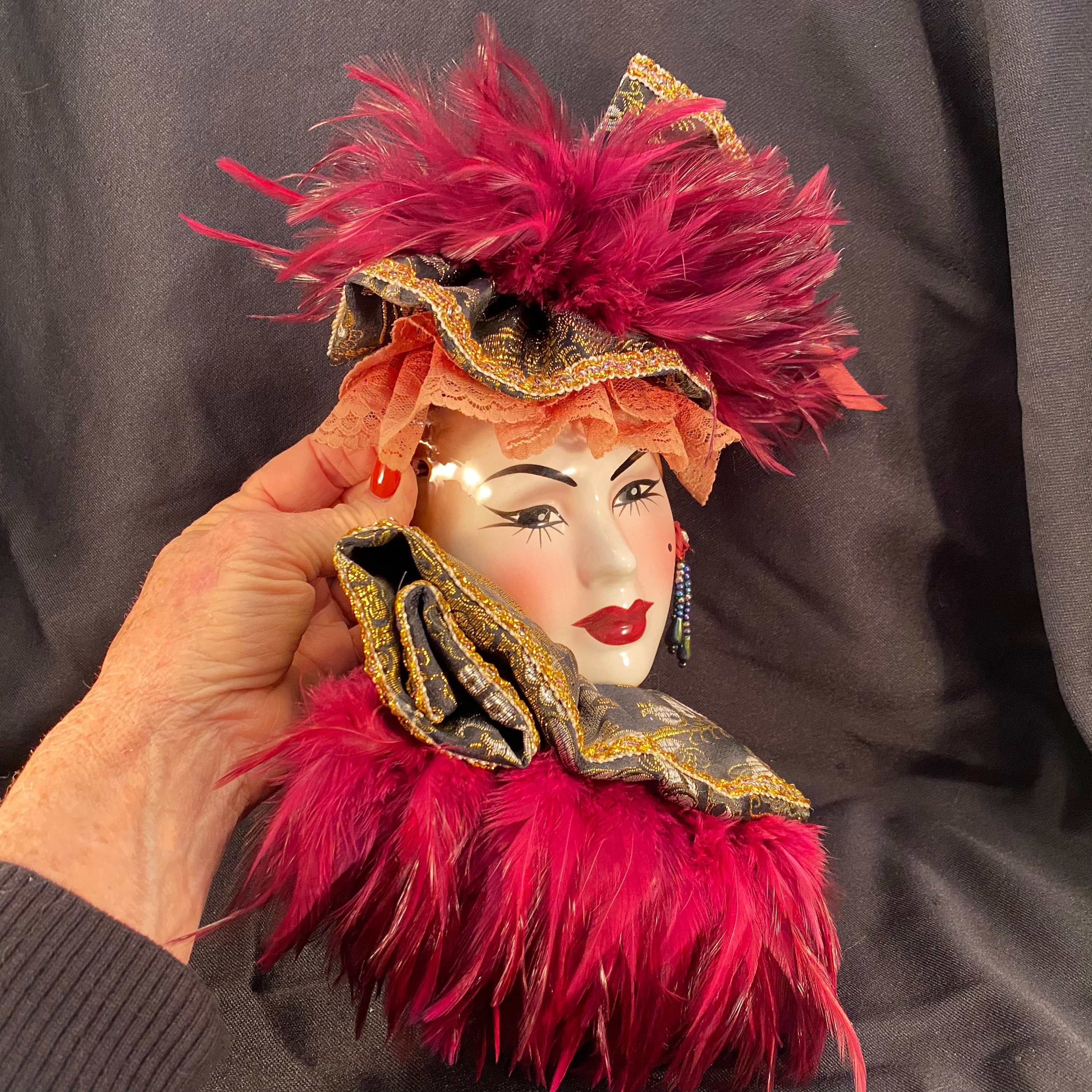 Ceramic Wall Face Mask Woman With Ostridge Feather Hat and Collar, Wall ...